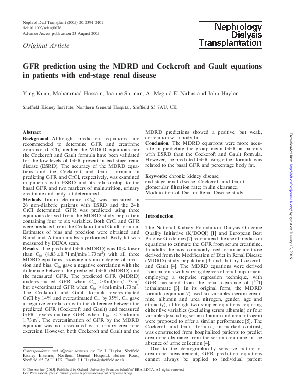 (PDF) GFR prediction using the MDRD and Cockcroft and Gault equations ...