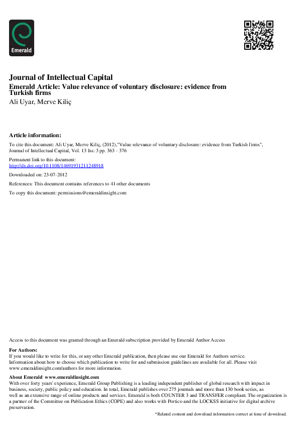 (PDF) Value relevance of voluntary disclosure: evidence from Turkish firms
