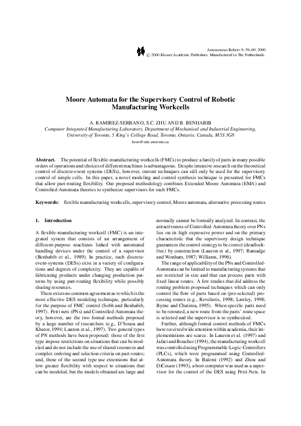 (PDF) Moore Automata for the Supervisory Control of Robotic Manufacturing Workcells