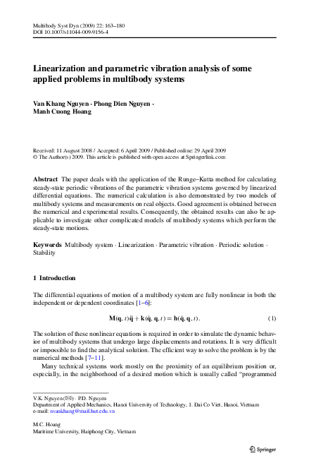 Pdf Linearization And Parametric Vibration Analysis Of Some Applied