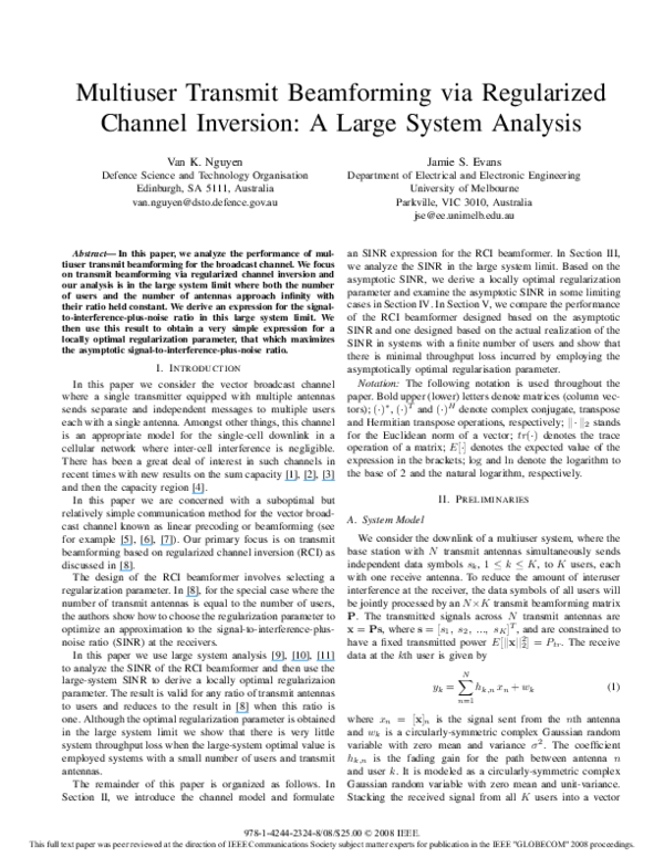 (PDF) Multiuser transmit beamforming via regularized channel inversion: A large system analysis