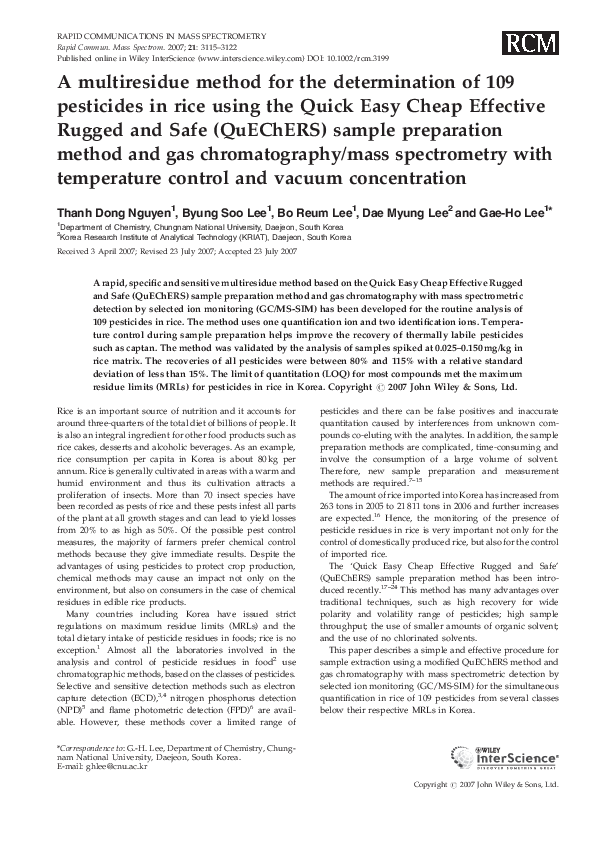 (PDF) A multiresidue method for the determination of 109 pesticides in rice using the Quick Easy ...