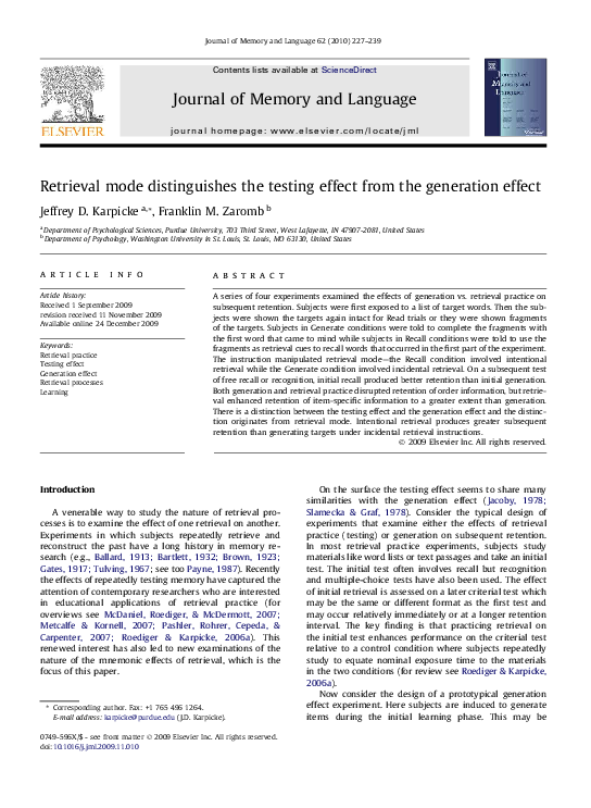 Pdf Retrieval Mode Distinguishes The Testing Effect From The Generation Effect 