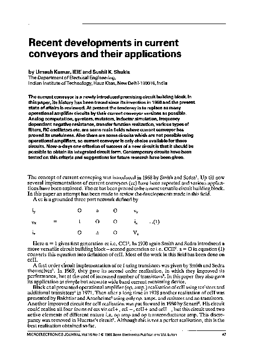 (PDF) Recent developments in current conveyors and their applications