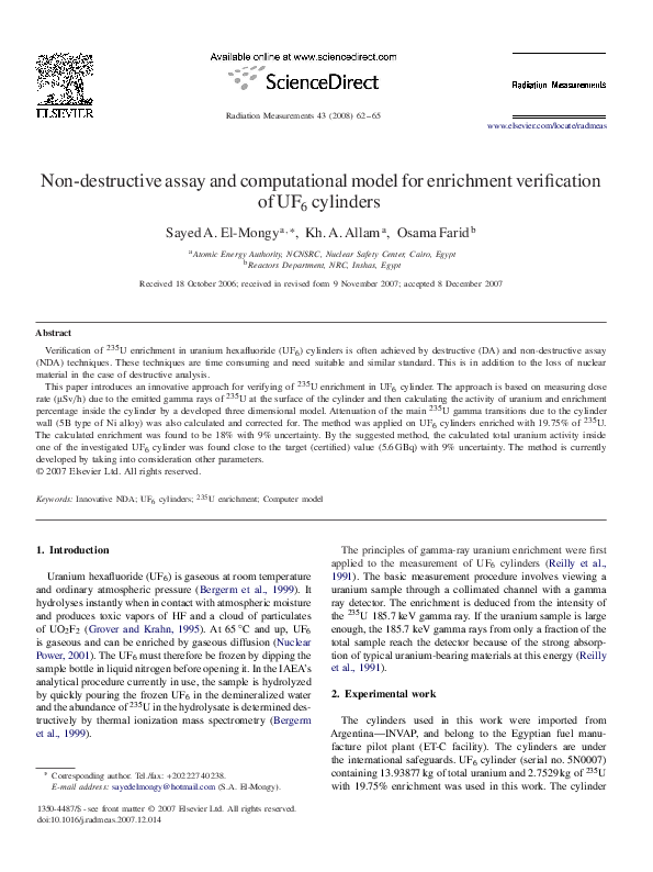 (PDF) Non-destructive assay and computational model for enrichment ...