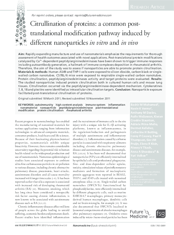 (PDF) Citrullination of proteins: a common post-translational modification pathway induced by ...