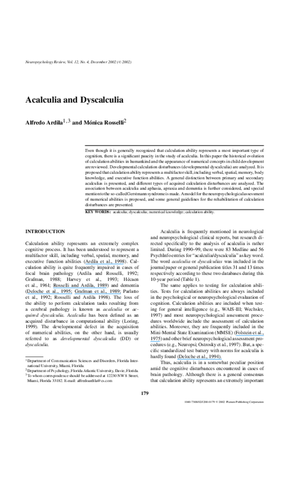 (PDF) Acalculia and dyscalculia