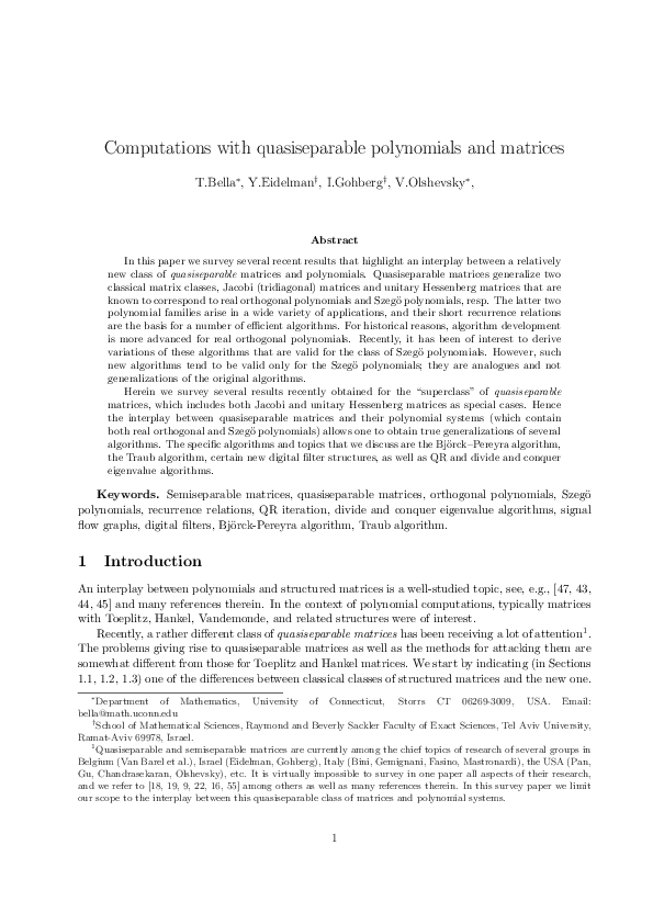 (PDF) Computations with quasiseparable polynomials and matrices