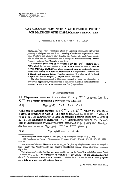 (PDF) Fast Gaussian elimination with partial pivoting for matrices with displacement structure