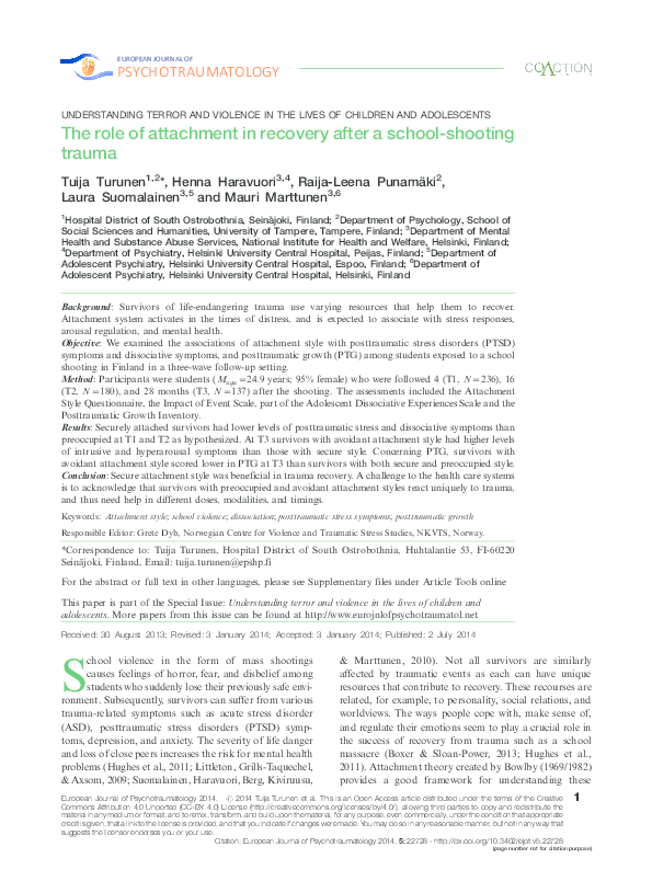 (PDF) The role of attachment in recovery after a school-shooting trauma