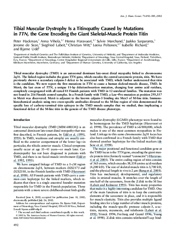 (PDF) Tibial Muscular Dystrophy Is a Titinopathy Caused by Mutations in ...