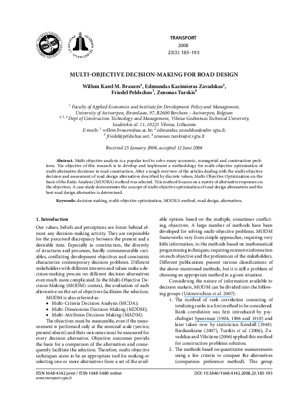 (PDF) Multi‐objective decision‐making for road design (PDF) Multi‐objective decision‐making for road design
