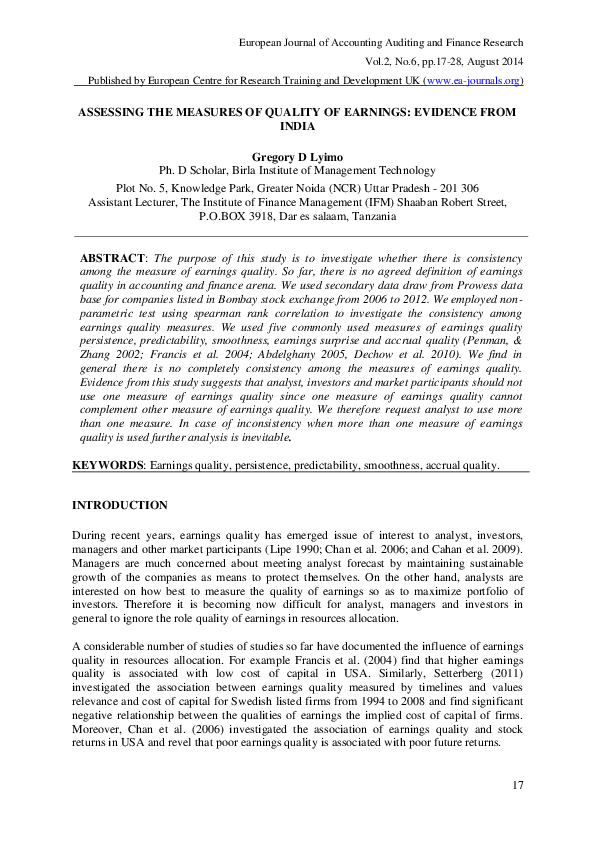 (PDF) ASSESSING THE MEASURES OF QUALITY OF EARNINGS: EVIDENCE FROM INDIA