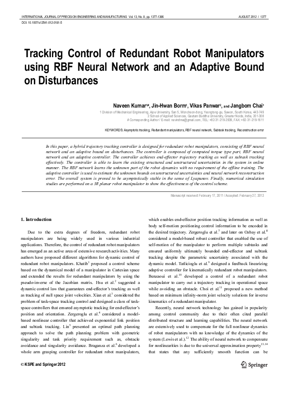 Pdf Enhancing Precision Performance Of Trajectory Tracking Controller For Robot Manipulators
