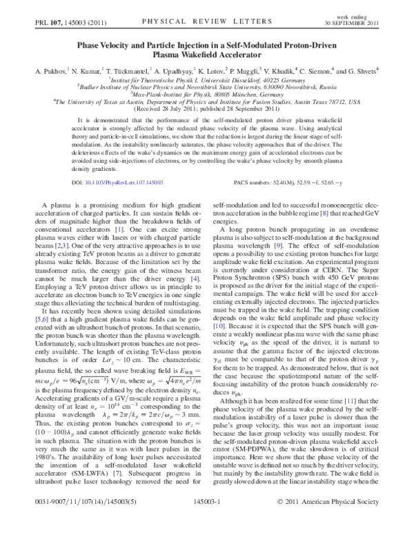 Pdf Phase Velocity And Particle Injection In A Self Modulated Proton