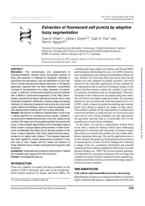 (PDF) Extraction of fluorescent cell puncta by adaptive fuzzy segmentation