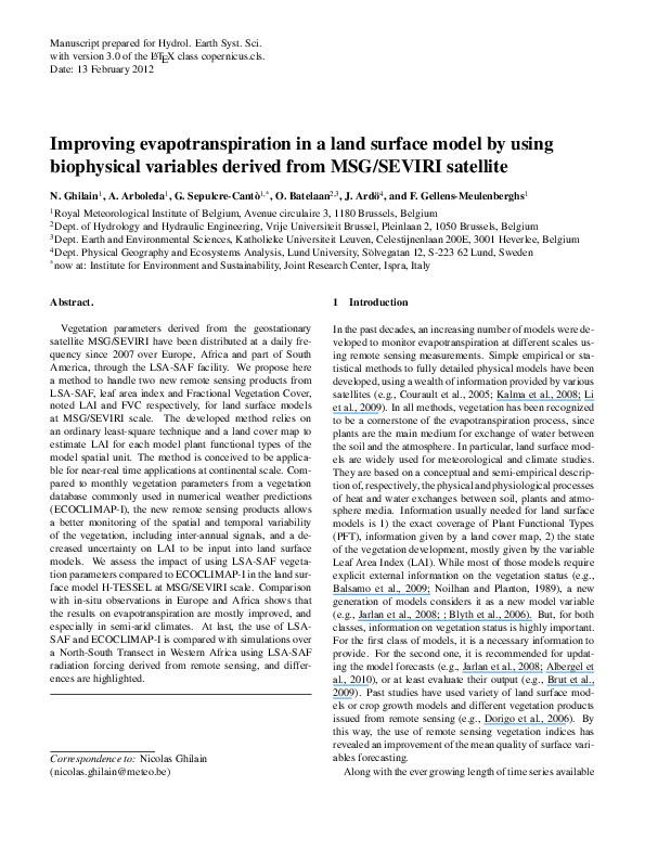 (PDF) Improving evapotranspiration in a land surface model using biophysical variables derived ...
