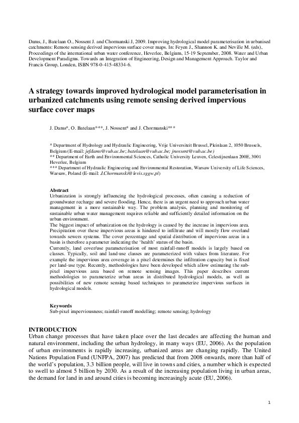 Pdf A Strategy Towards Improved Hydrological Model Parameterisation In Urbanized Catchments