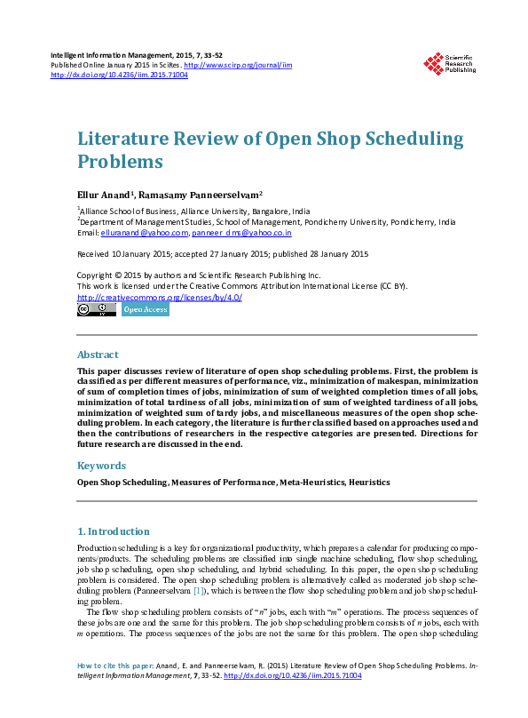 Pdf Literature Review Of Open Shop Scheduling Problems 