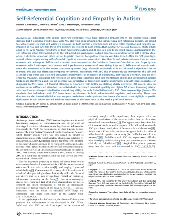 (PDF) Self-Referential Cognition and Empathy In Autism