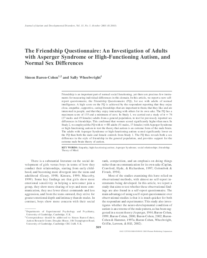 (PDF) The Friendship Questionnaire: An investigation of adults with ...