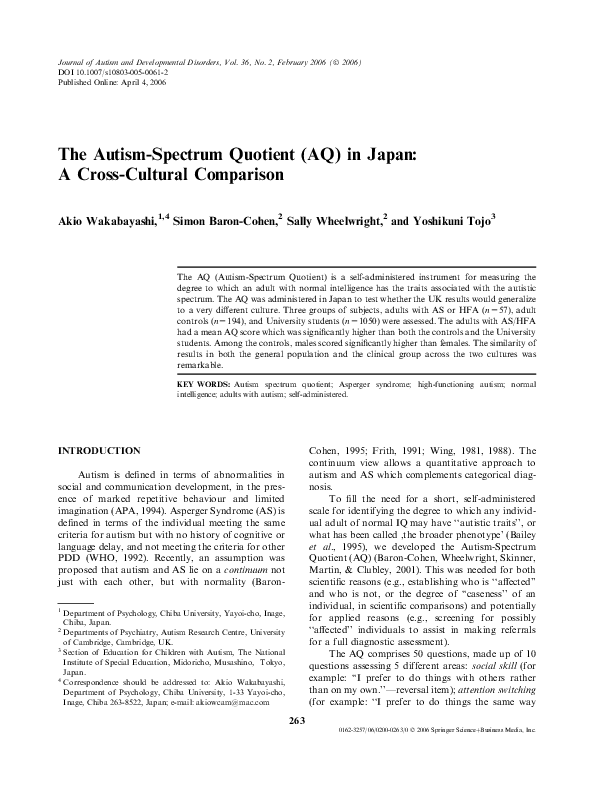 (PDF) The Autism-Spectrum Quotient (AQ) in Japan: a cross-cultural ...