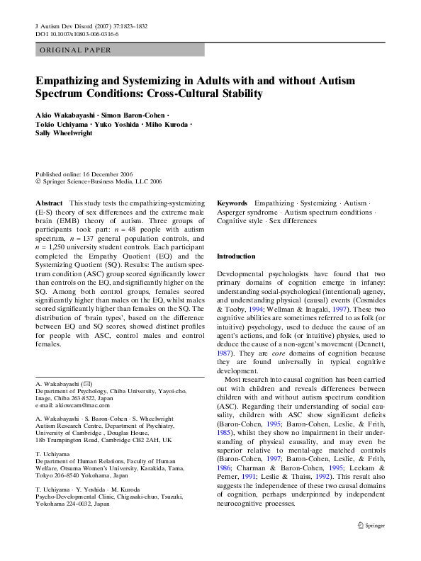 (PDF) Empathizing and systemizing in adults with and without autism ...