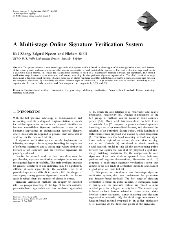 (PDF) A Multi-stage Online Signature Verification System