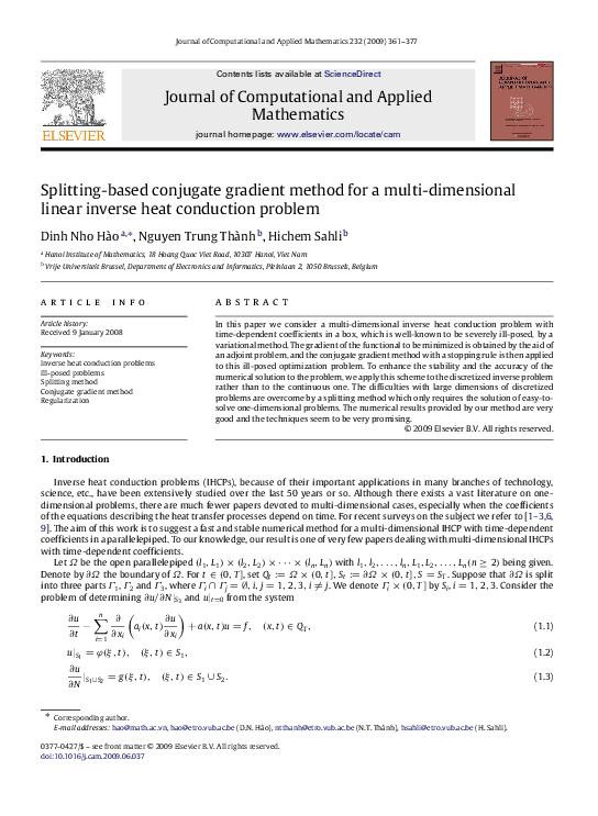Pdf Splitting Based Conjugate Gradient Method For A Multi Dimensional Linear Inverse Heat