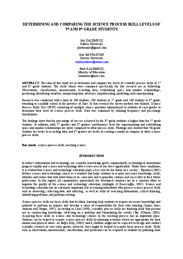 (DOC) DETERMINING AND COMPARING THE SCIENCE PROCESS SKILL LEVELS OF 5 ...