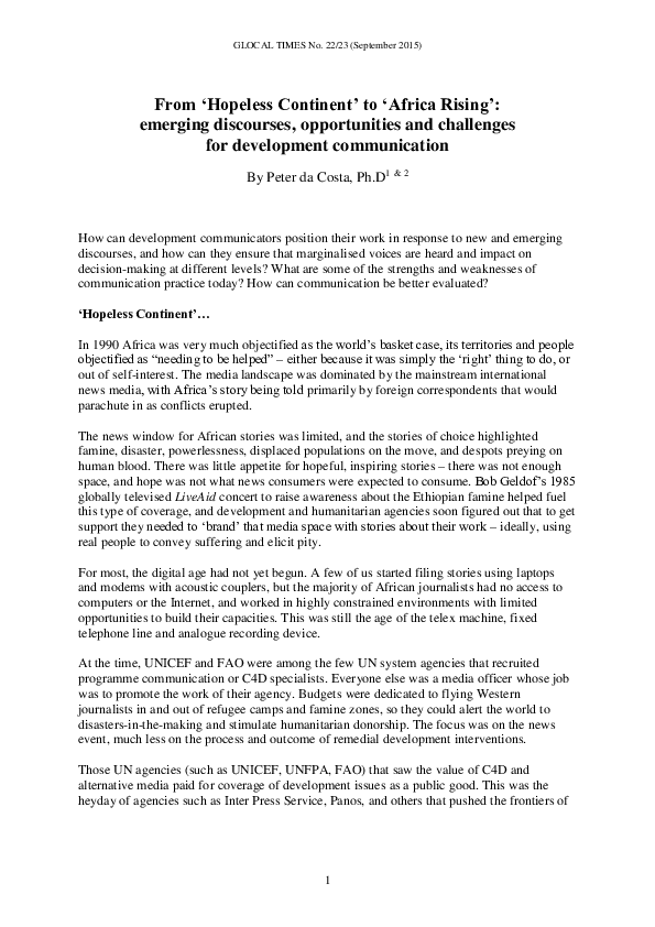 (PDF) From 'Hopeless Continent' to 'Africa Rising': emerging discourses ...