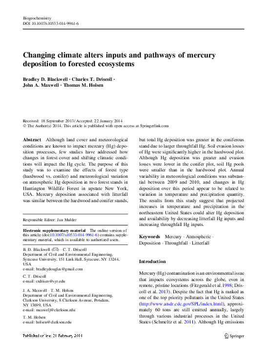 (PDF) Changing climate alters inputs and pathways of mercury deposition ...