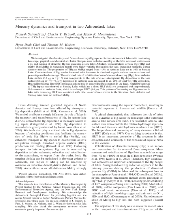 (PDF) Mercury dynamics and transport in two Adirondack Lakes
