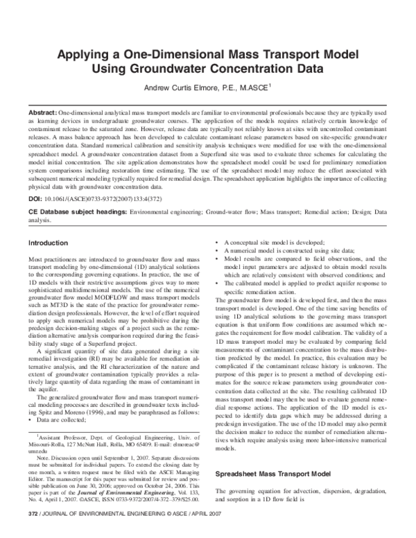 (PDF) Applying a One-Dimensional Mass Transport Model Using Groundwater ...