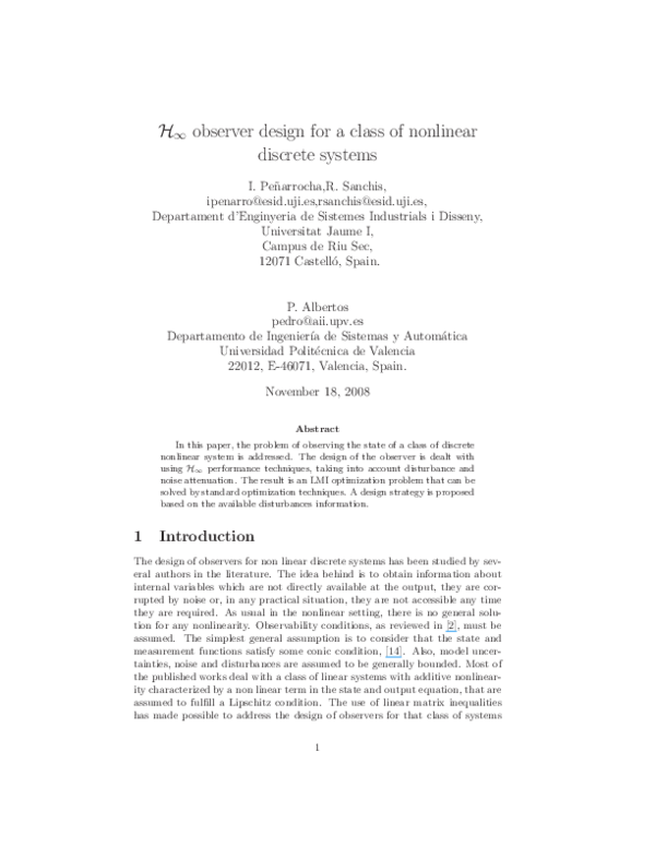 Pdf H∞ Observer Design For A Class Of Nonlinear Discrete Systems