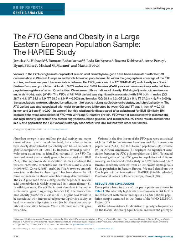 (PDF) The FTO Gene and Obesity in a Large Eastern European Population ...