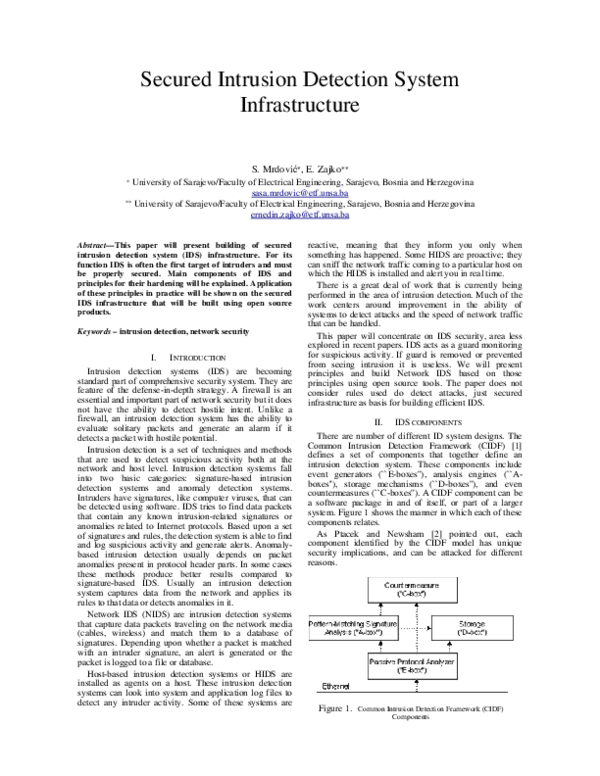 Pdf Secured Intrusion Detection System Infrastructure