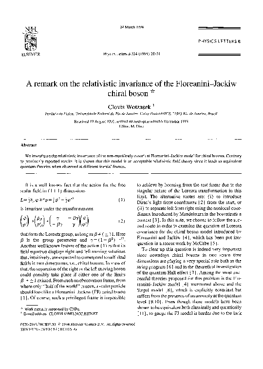(PDF) A remark on the relativistic invariance of the Floreanini-Jackiw chiral boson