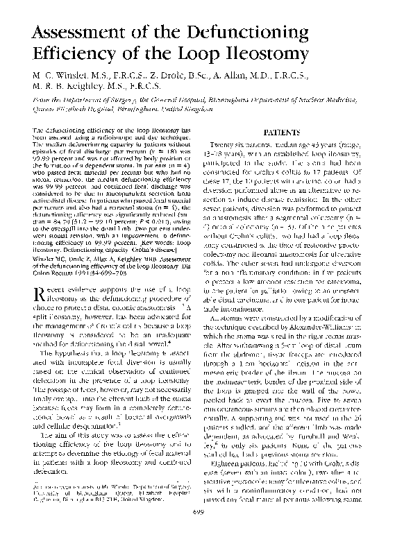 (PDF) Assessment of the defunctioning efficiency of the loop ileostomy