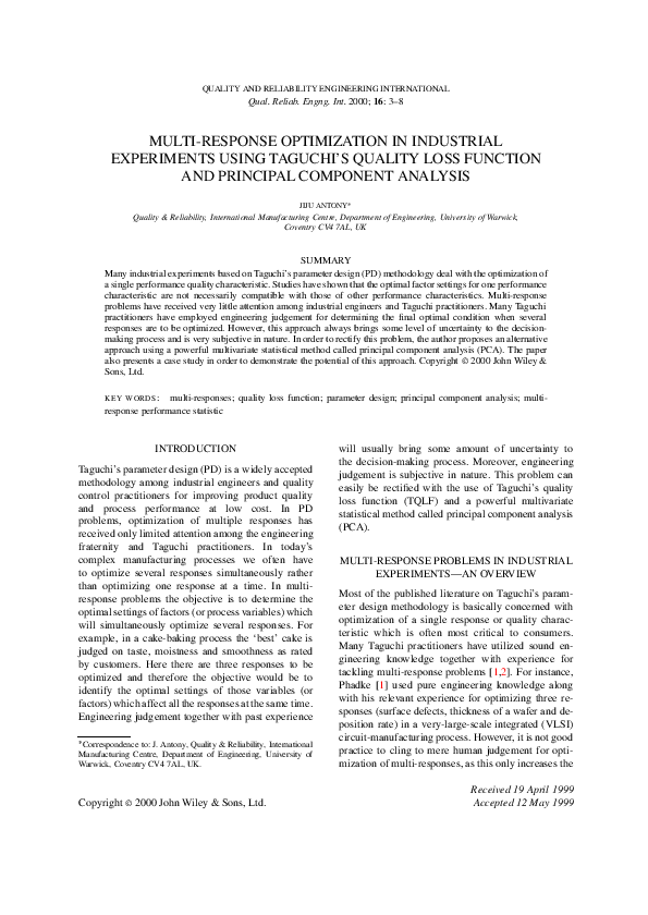 (PDF) Multi‐response optimization in industrial experiments using Taguchi's quality loss ...