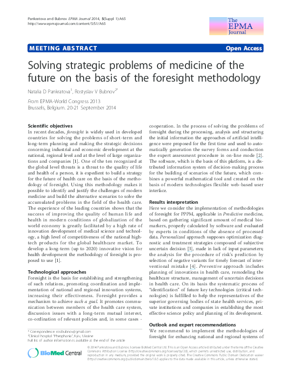 (PDF) Solving strategic problems of medicine of the future on the basis of the foresight methodology