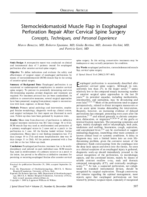 (PDF) Sternocleidomastoid muscle flap in esophageal perforation repair ...