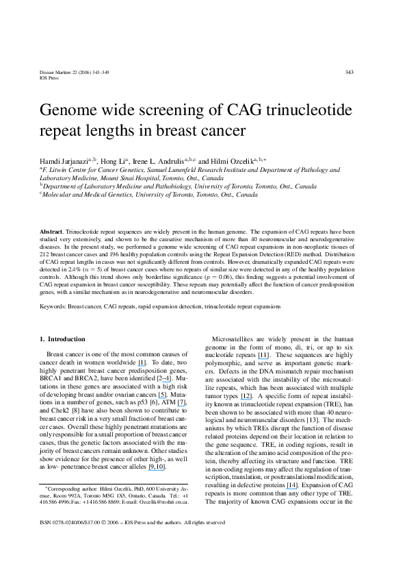 Pdf Genome Wide Screening Of Cag Trinucleotide Repeat Lengths In Breast Cancer Hamdi