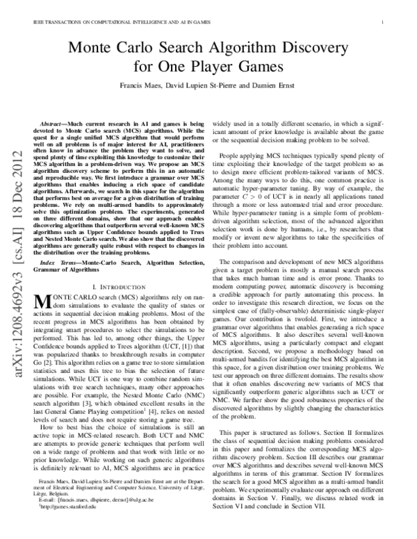 Pdf Monte Carlo Search Algorithm Discovery For Single Player Games Damien Ernst 