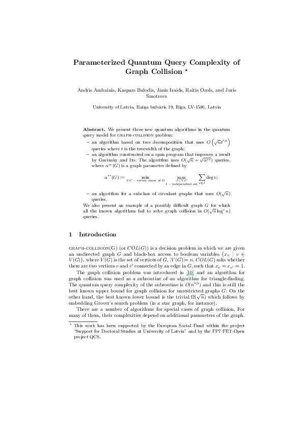 (PDF) Parameterized quantum query complexity of graph collision