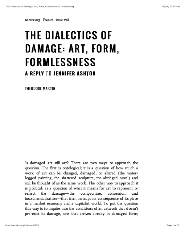 (PDF) The Dialectics of Damage: Art, Form, Formlessness