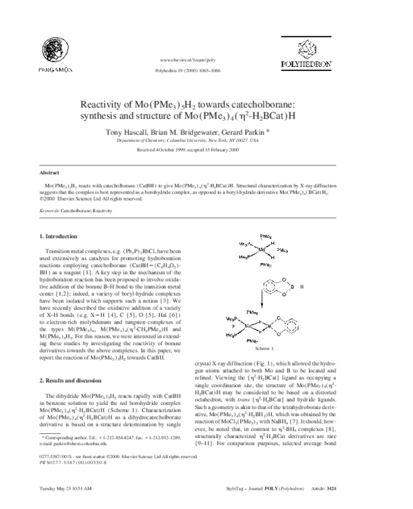 (PDF) Reactivity of Mo(PMe3)5H2 towards catecholborane: synthesis and ...