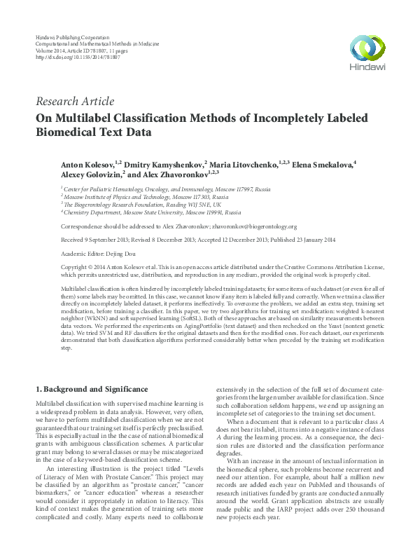 (PDF) On Multilabel Classification Methods of Incompletely Labeled Biomedical Text Data
