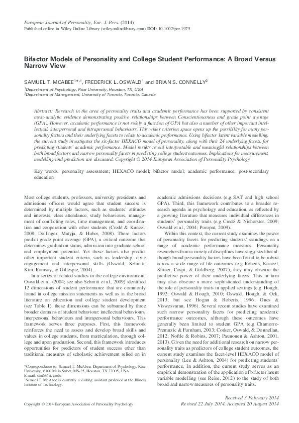 (PDF) Bifactor Models of Personality and College Student Performance: A ...