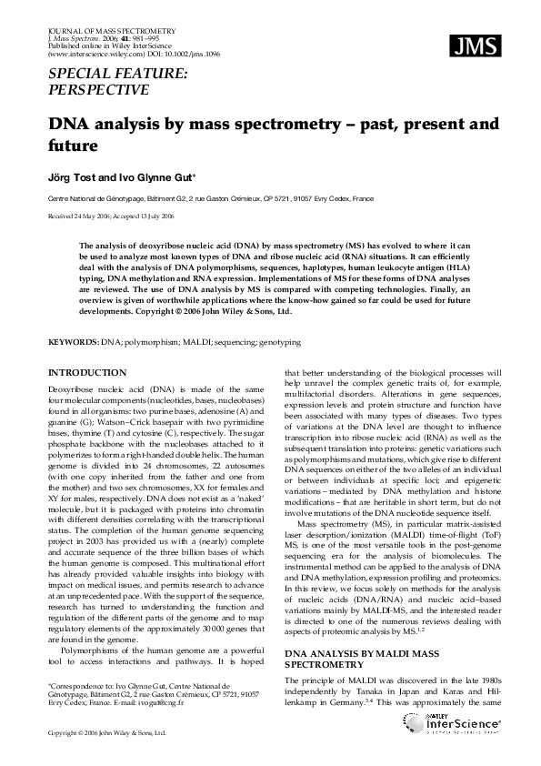 (PDF) DNA analysis by mass spectrometry—past, present and future
